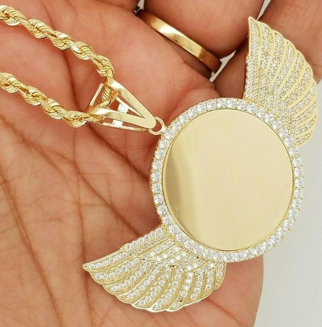14K Yellow Gold Customized Angel Wings Circle Disk Picture Pendant ...