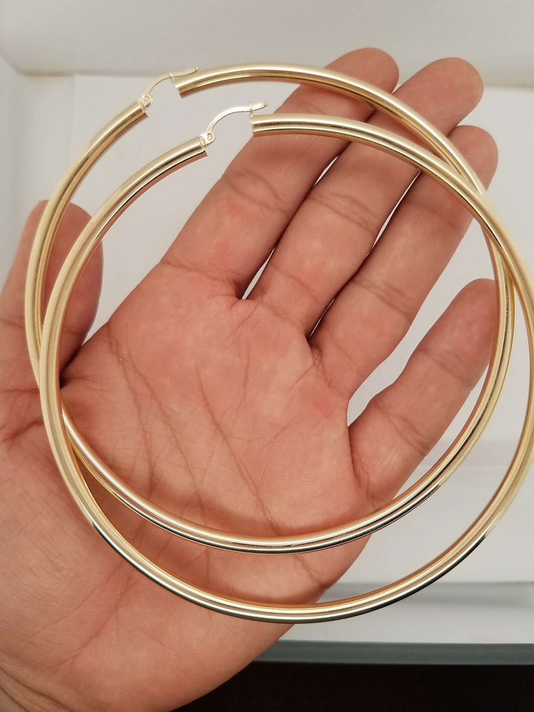 14k Yellow Gold 4MM Round Hollow Extra Large Hoop Earrings Snap Closure ...