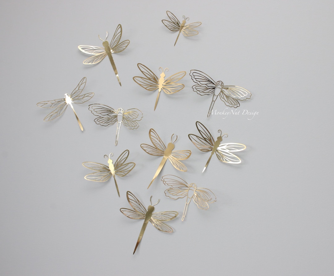 Large Shiny Wall Dragonflies/metalic Gold/12pcs/3d/nursery Decor/mirror ...