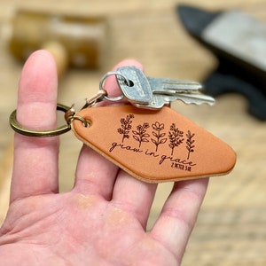 Handmade Leather Keychain - Grow in Grace - Motel Key Fob - Engraved - Etsy