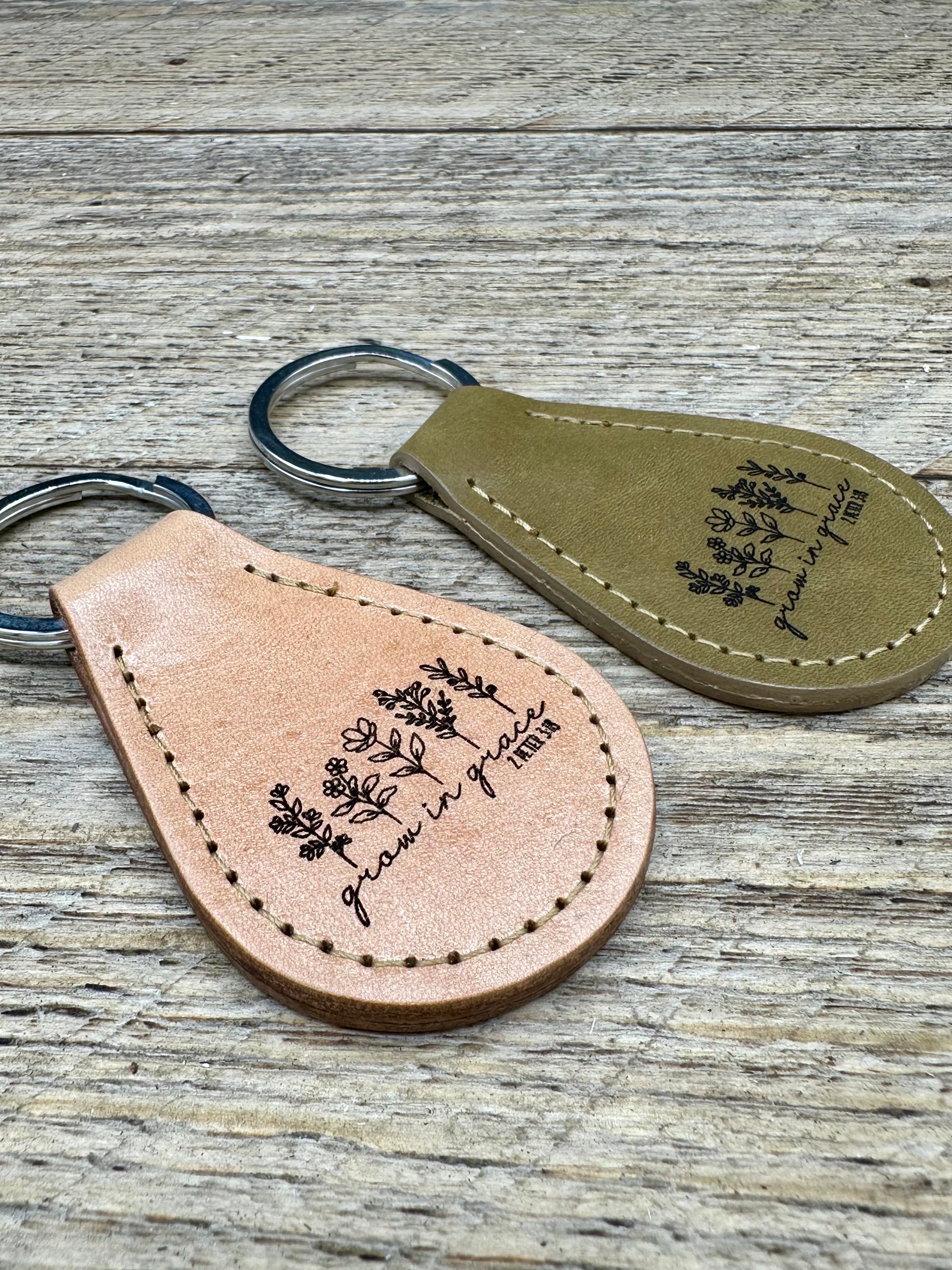 Handmade Leather Keychain Grow in Grace Engraved - Etsy