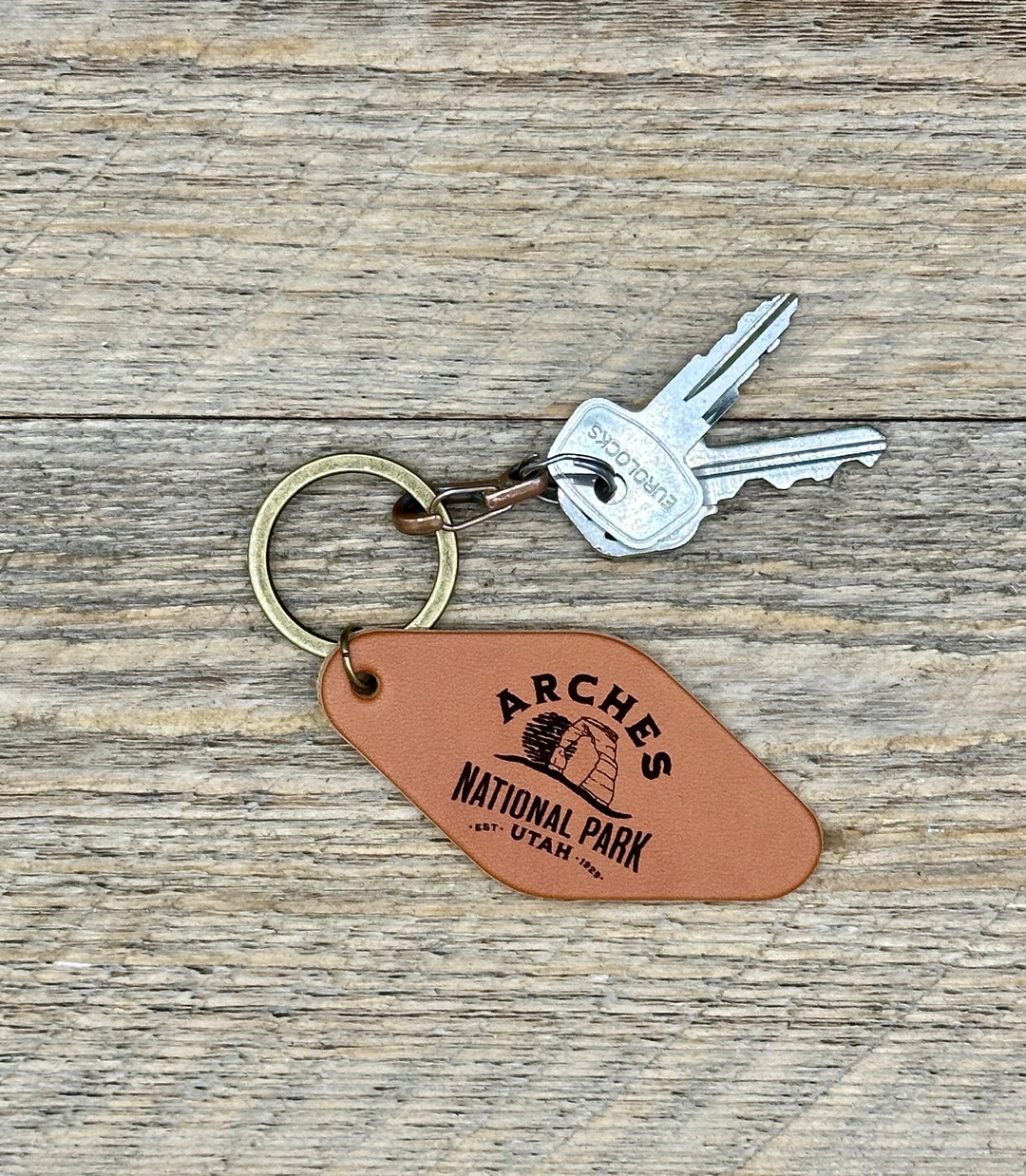 Handmade Leather Keychain - Arches National Park - Motel Key Fob ...