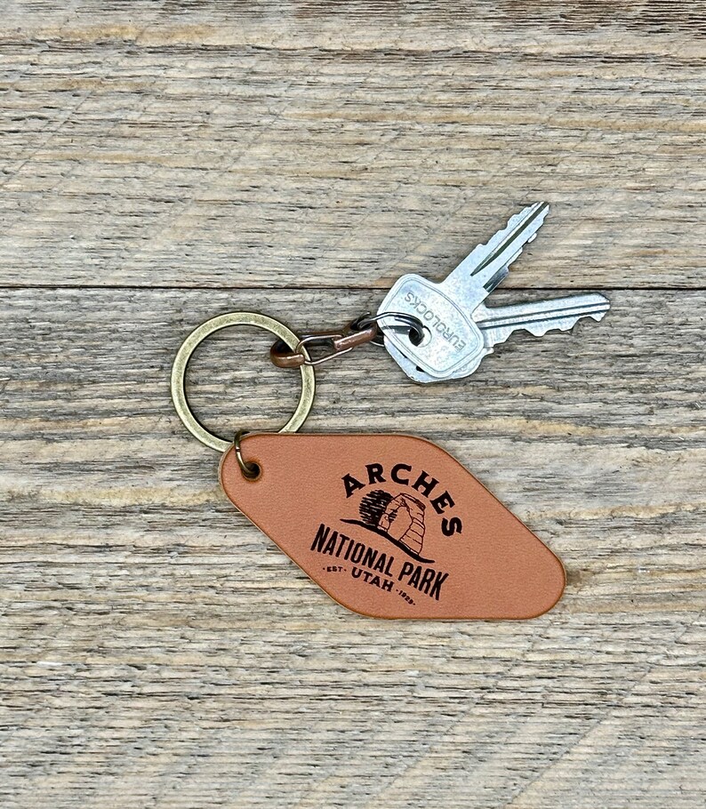 Handmade Leather Keychain - Arches National Park - Motel Key Fob ...