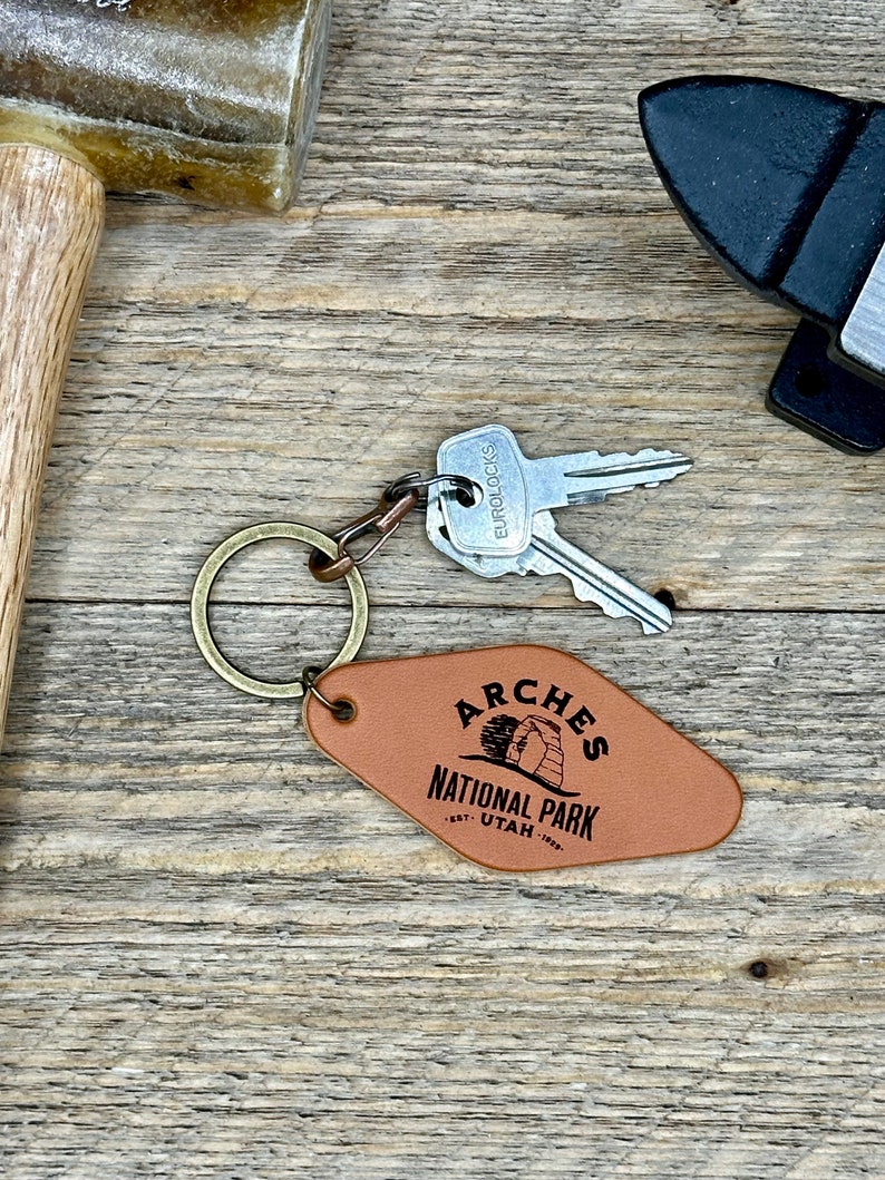 Handmade Leather Keychain - Arches National Park - Motel Key Fob ...