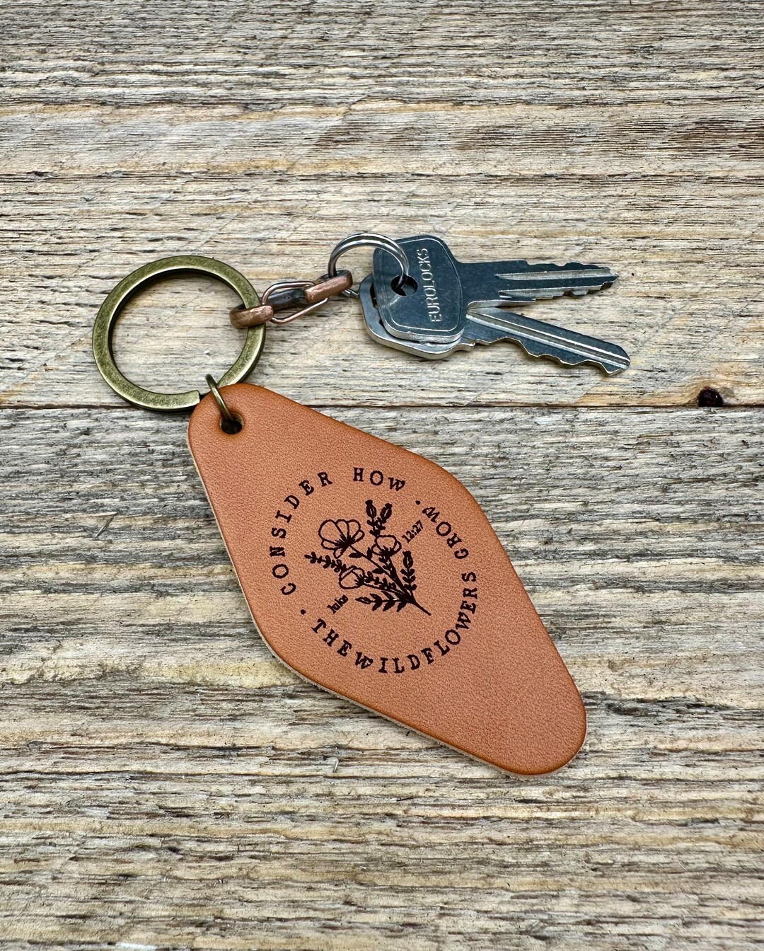 Handmade Leather Keychain - Consider How the Wildflowers Grow - Motel Key Fob - Engraved - Etsy