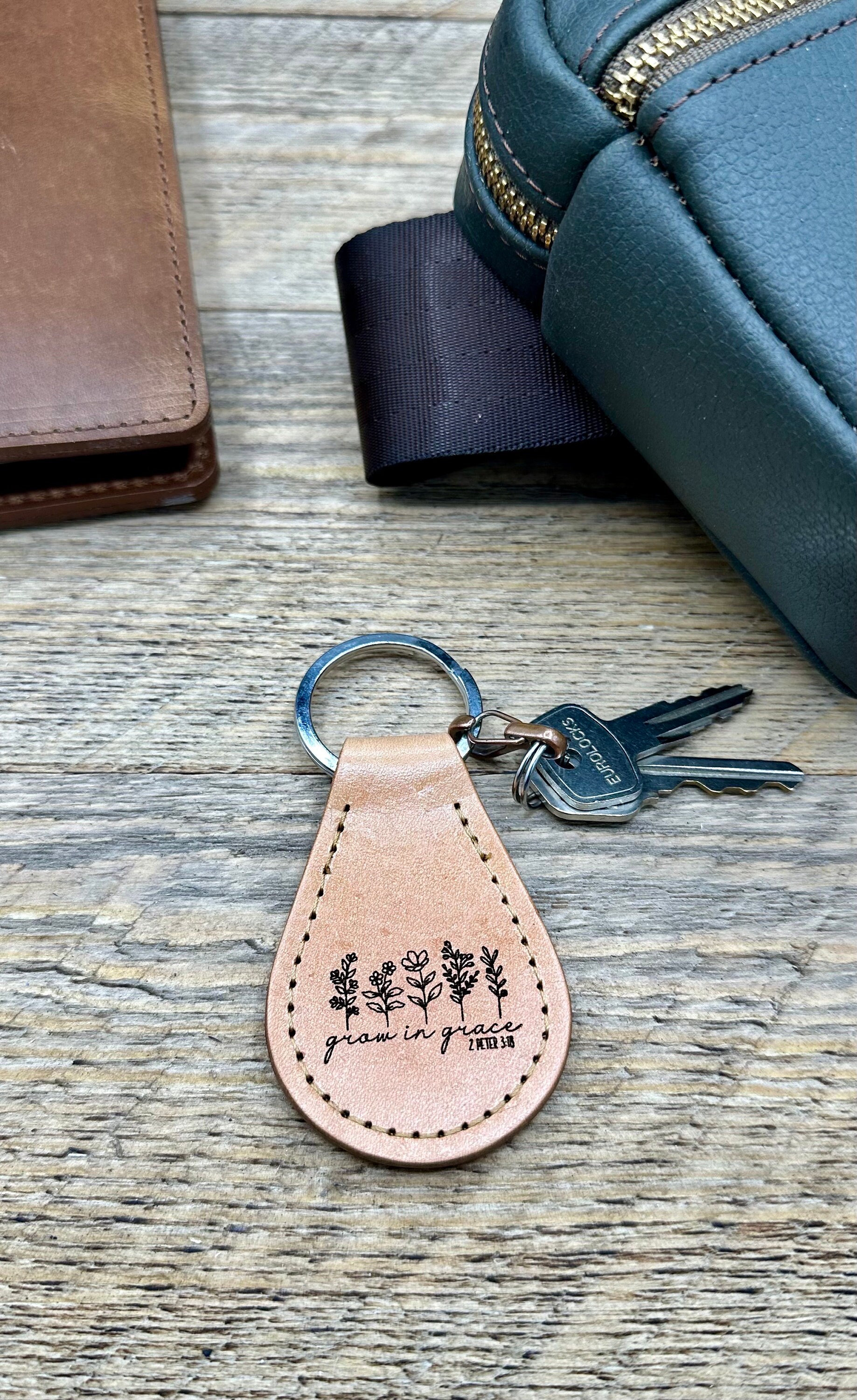 Handmade Leather Keychain - Grow in Grace - Engraved - Etsy