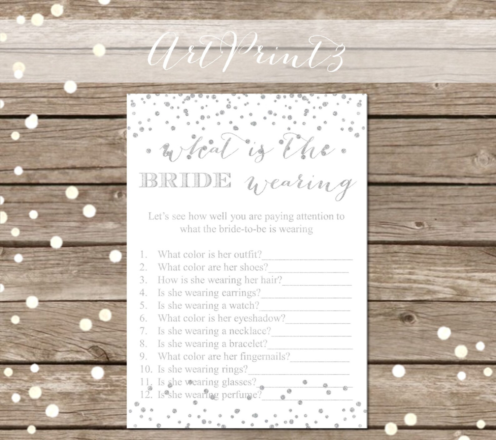What is the Bride Wearing Bridal Shower Game Printable, Silver Confetti ...