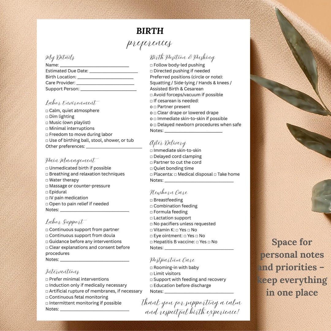 Minimalist Birth Preferences Sheet PDF | Editable Birth Plan | Labor ...