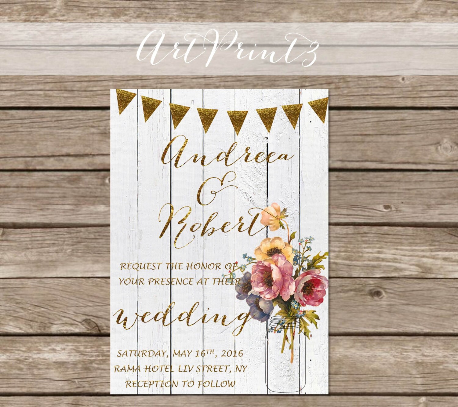 Rustic Wedding Invitation Printable Floral Wedding Invitation | Etsy