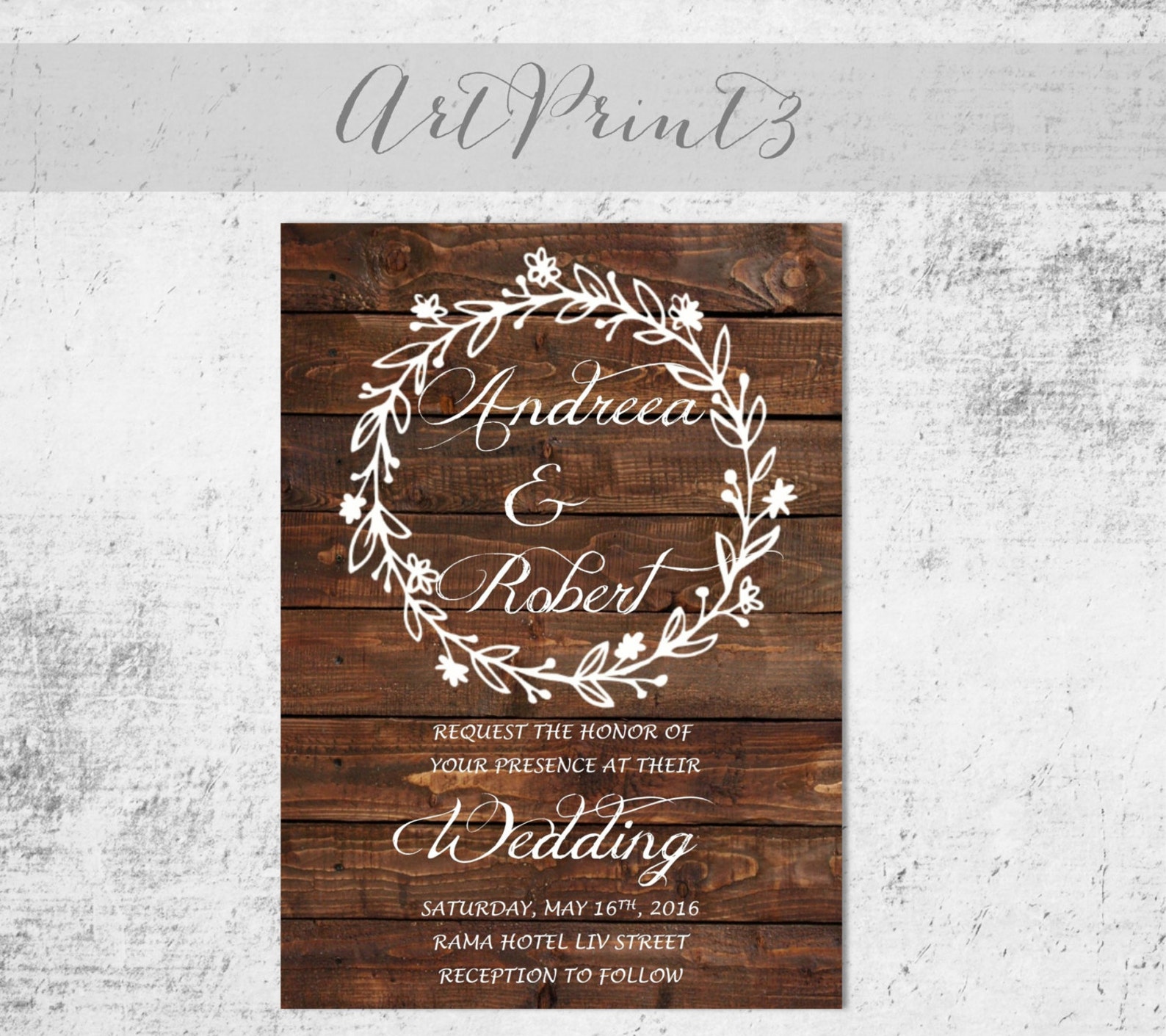 Rustic Wedding Invitation Printable, Floral Wreath Wedding Invitation ...