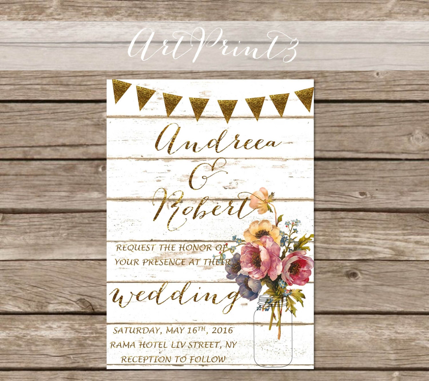 Rustic Wedding Invitation Printable Floral Wedding Invitation | Etsy