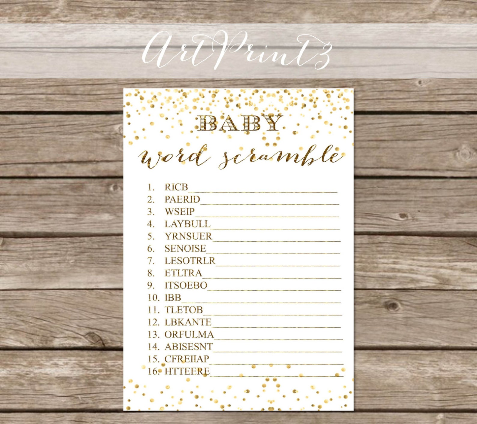 Baby Shower Word Scramble Game Printable, Gold Confetti Printable Baby ...