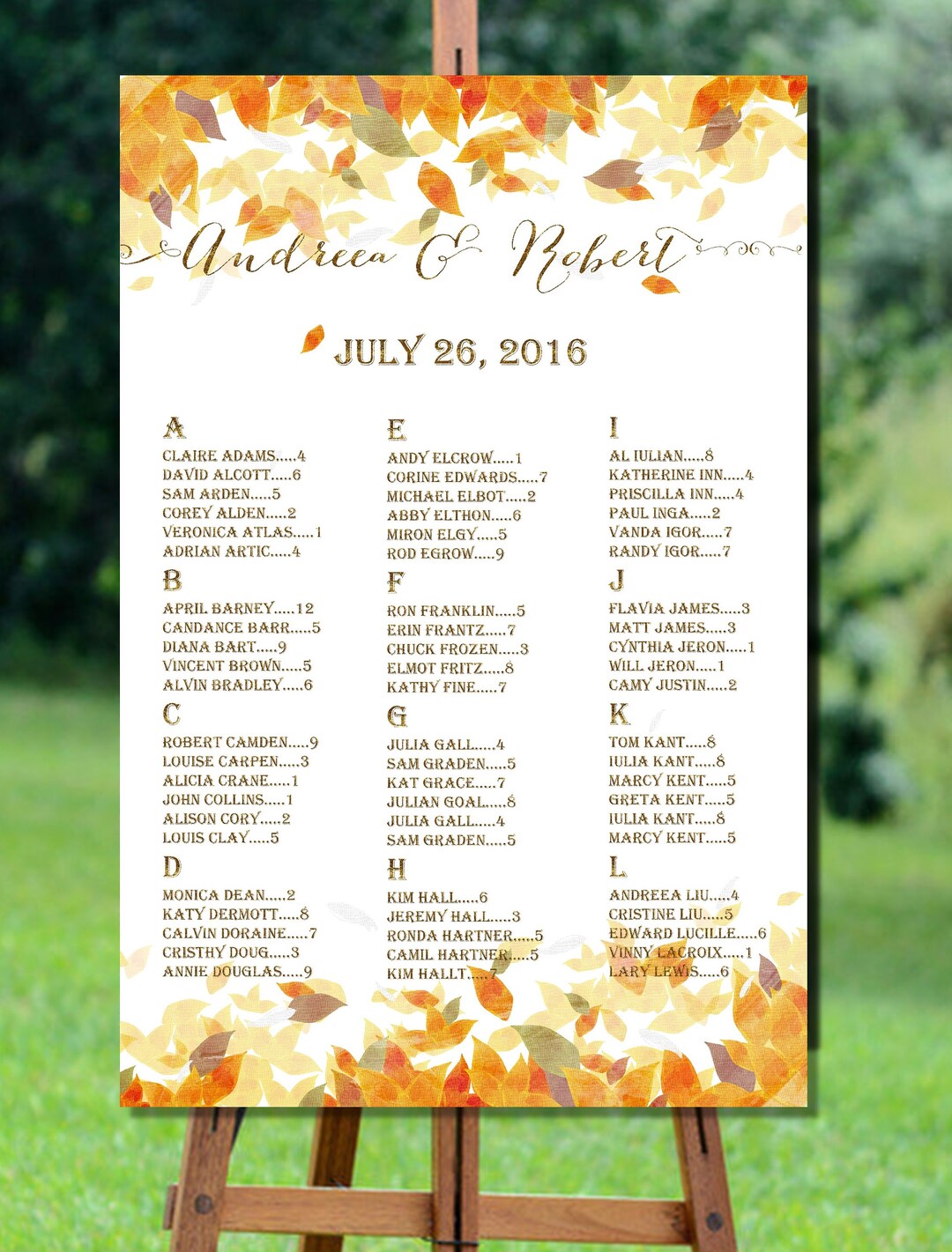 Printable Fall Wedding Seating Chart, Alphabetical Wedding Seating ...