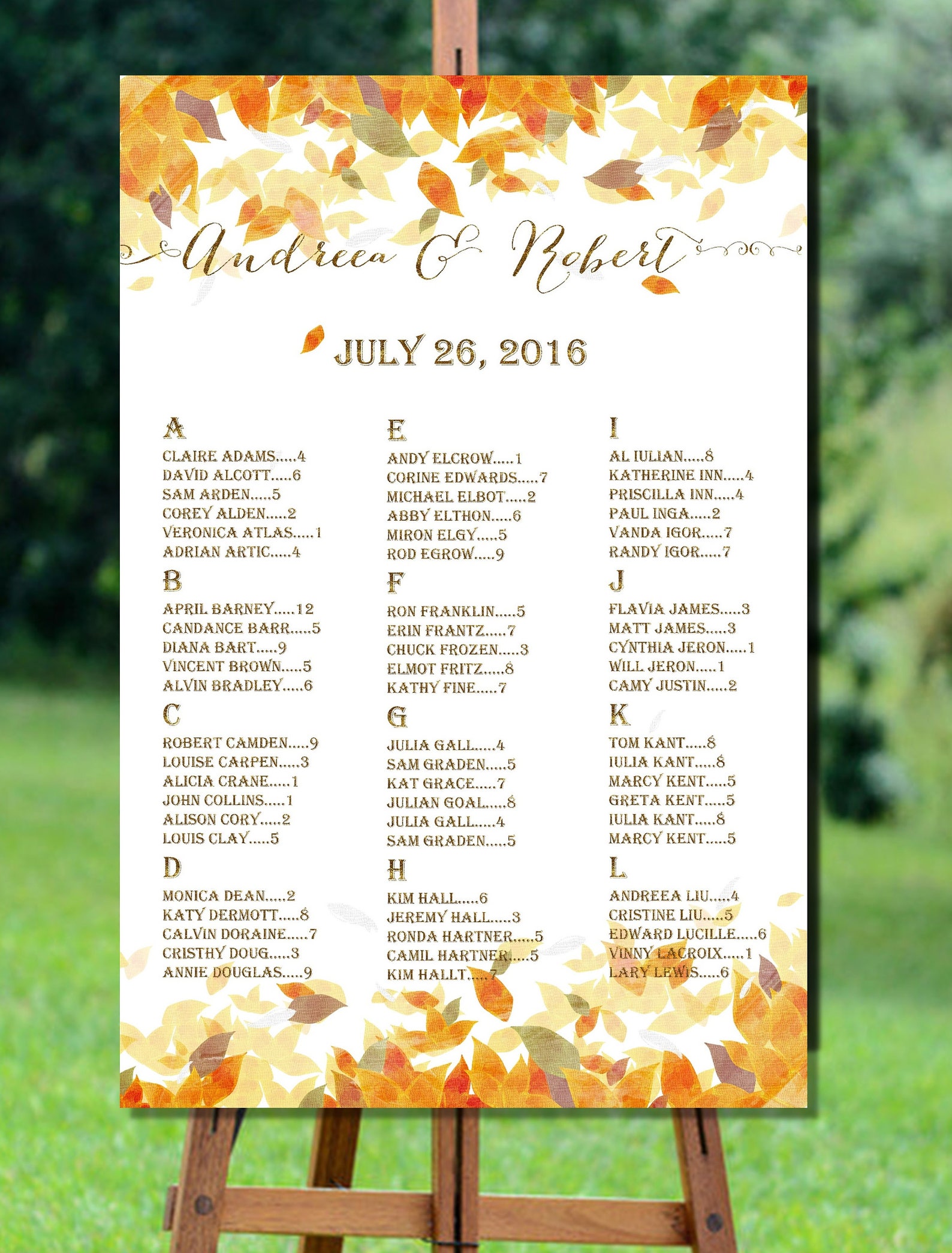 Printable Fall Wedding Seating Chart, Alphabetical Wedding Seating ...