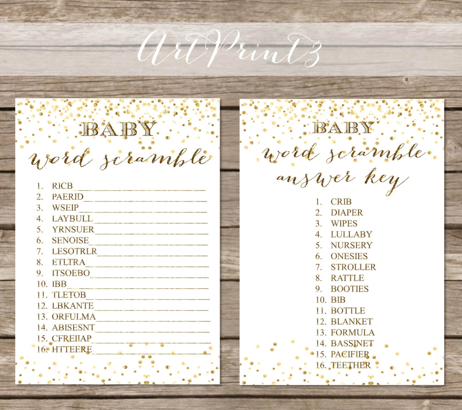 Baby Shower Word Scramble Game Printable, Gold Confetti Printable Baby ...