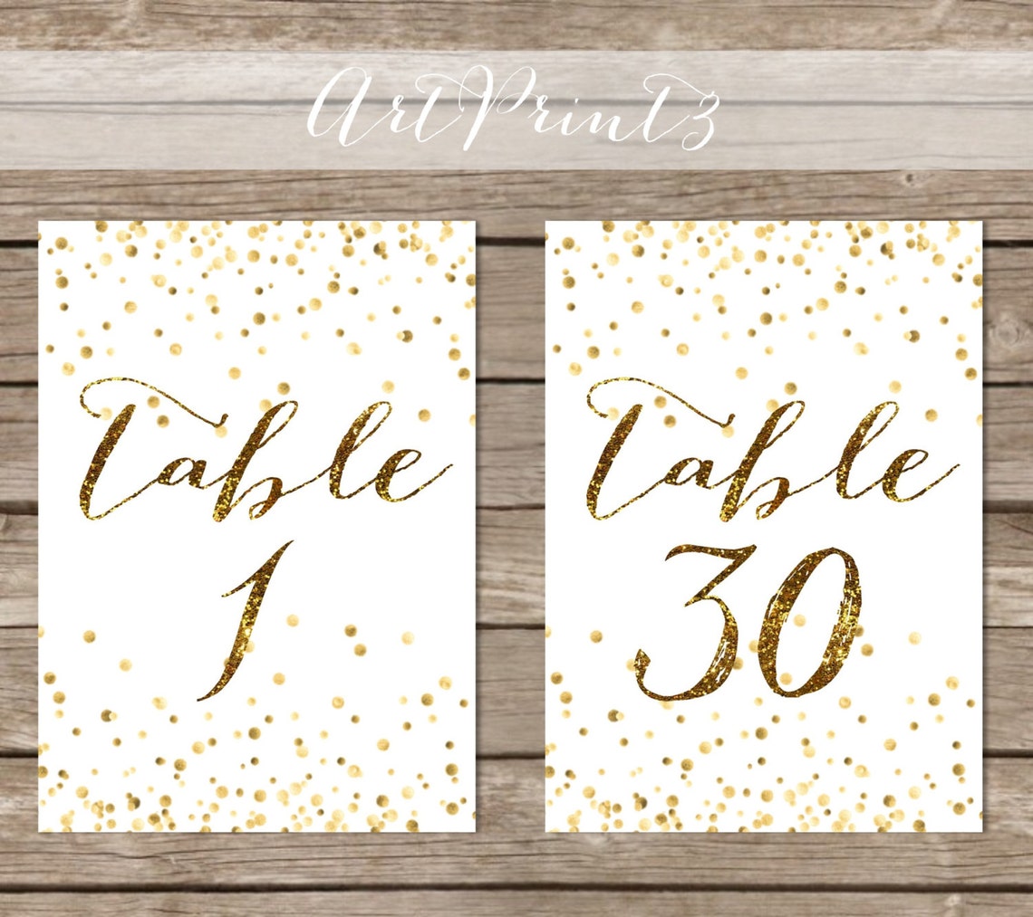 Printable Gold Wedding Table Numbers 1 - 30, Printable Gold Table ...