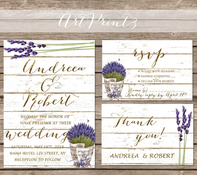Lavender Wedding Invitation Printable, Rustic Wedding Invite Suite ...