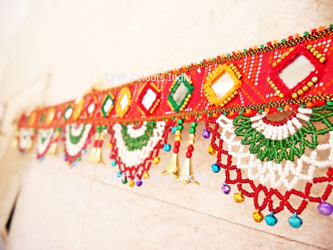 Semi Circular Beaded Mirror Toran With Bells, Bohemian Home Decor ...