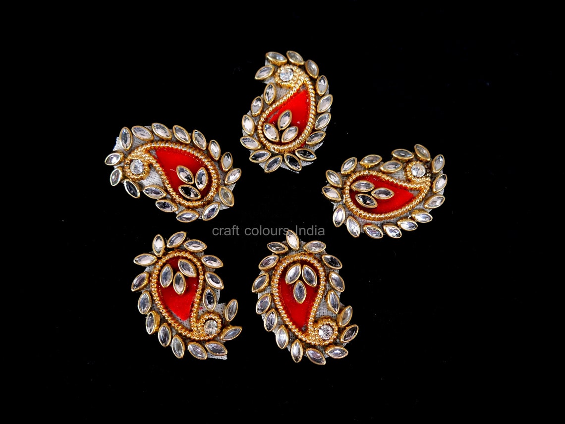 10 Pc Red Paisley Leaf Indian Zari and Rhinestone Appliques - Etsy