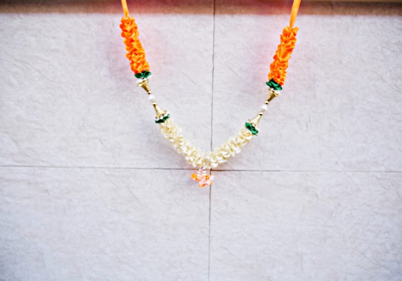 Orange White Ribbon Puja Garland, Photo Garland, Statue Garland, Idol ...