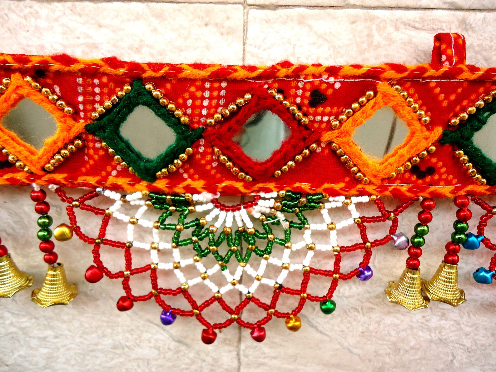Semi Circular Beaded Mirror Toran With Bells Bohemian Home - Etsy