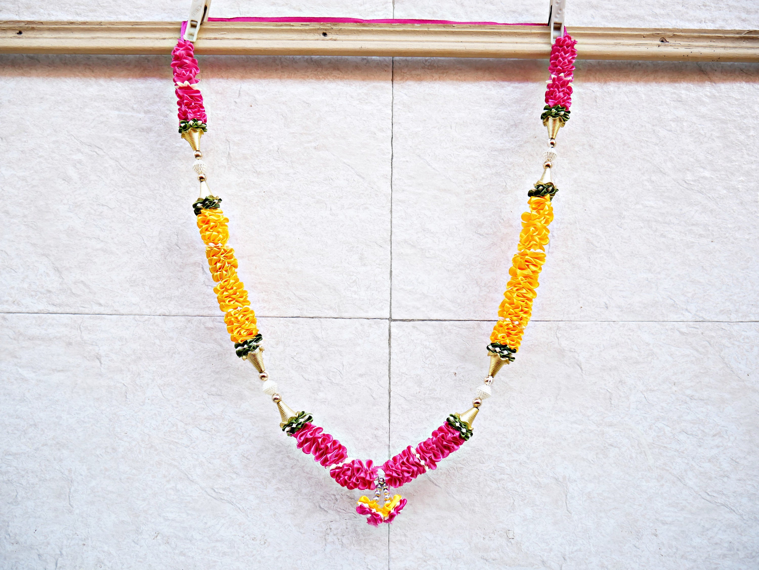 Pink yellow ribbon puja garland photo garland idol or statue | Etsy