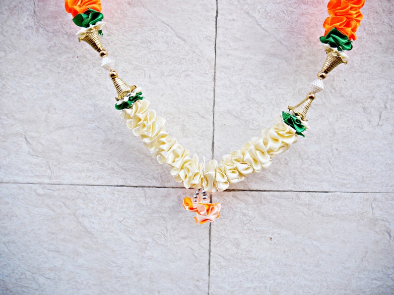 Orange White Ribbon Puja Garland, Photo Garland, Statue Garland, Idol ...