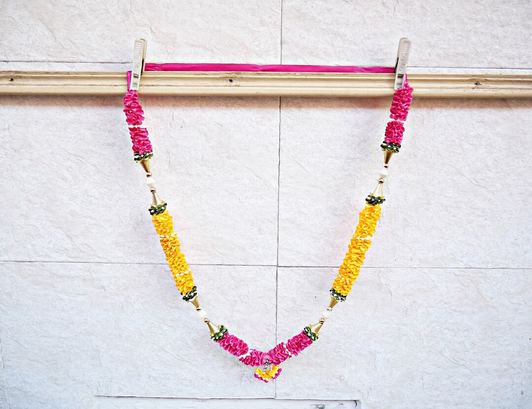 Pink Yellow Ribbon Puja Garland, Photo Garland, Idol or Statue Garland ...