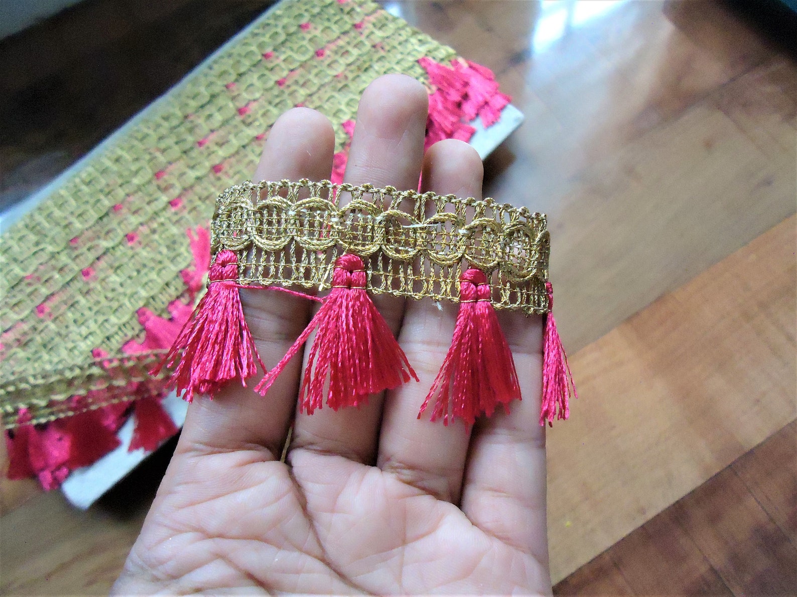 Silk Pink Tassel Net Golden Lace 9 Yards Tassel Trim Tassel | Etsy