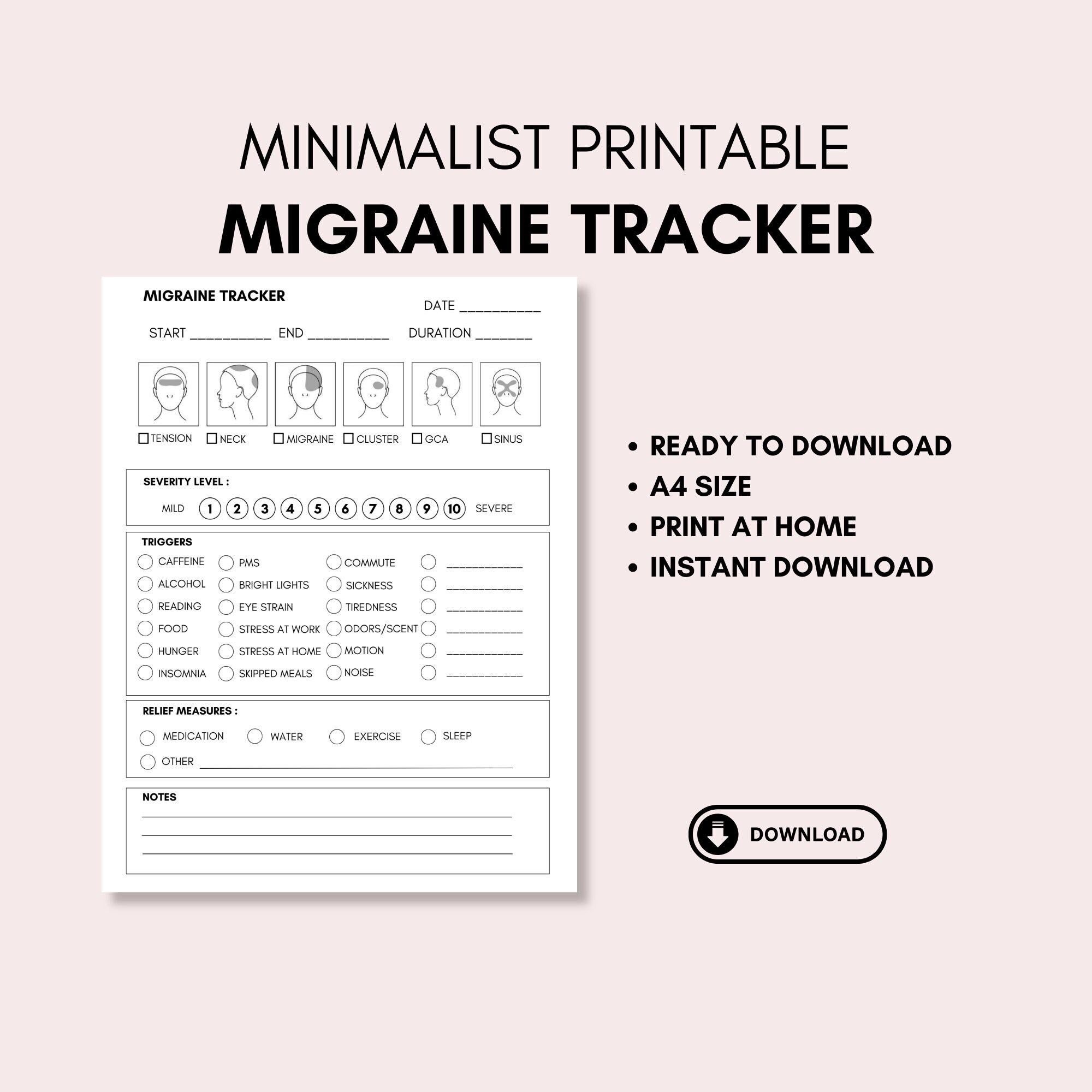 Migraine Tracker Printable, Headache Tracker, Migraine Log - A4 Instant ...