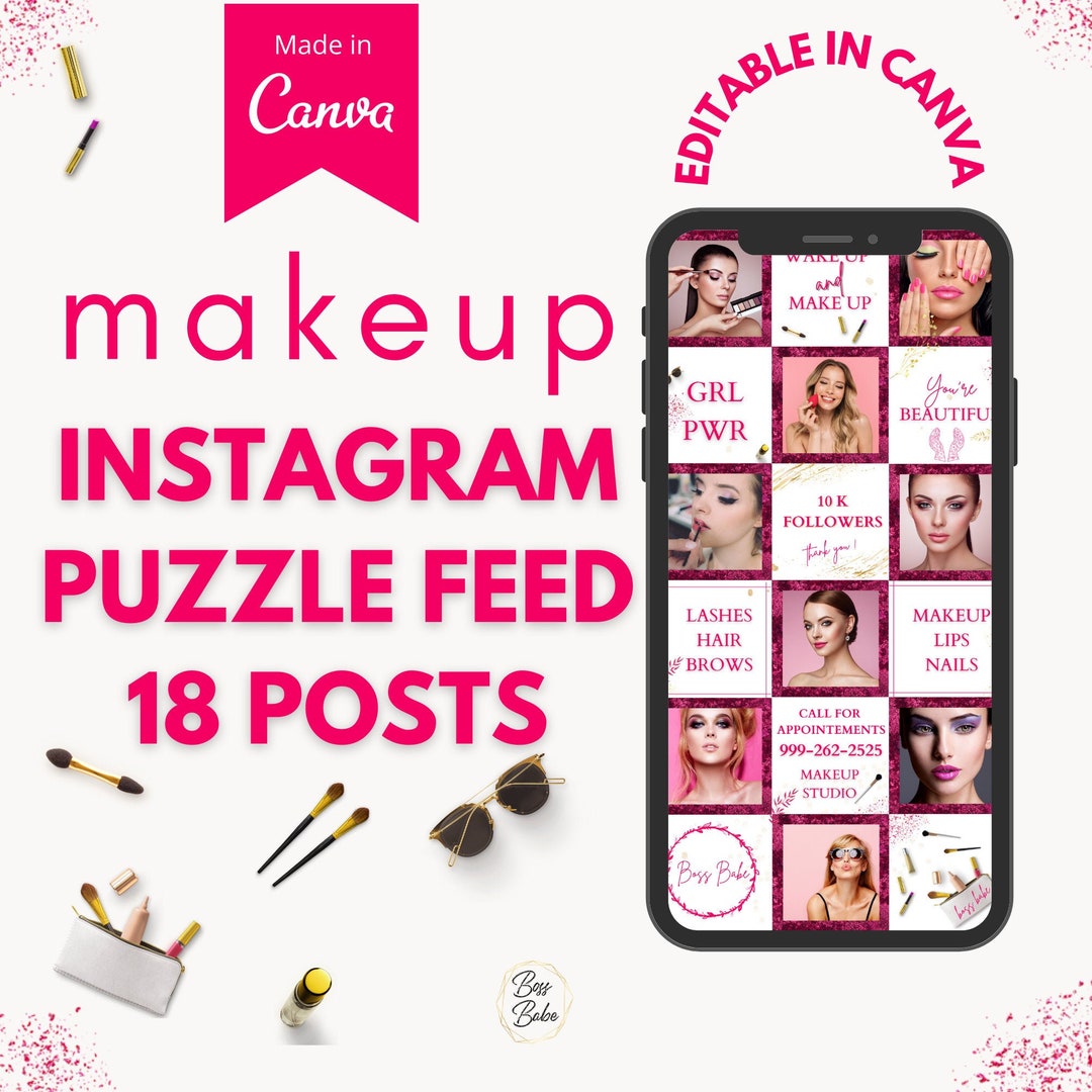 Pink Beauty Instagram Puzzle Template for Makeup Artist Glitter Frame ...