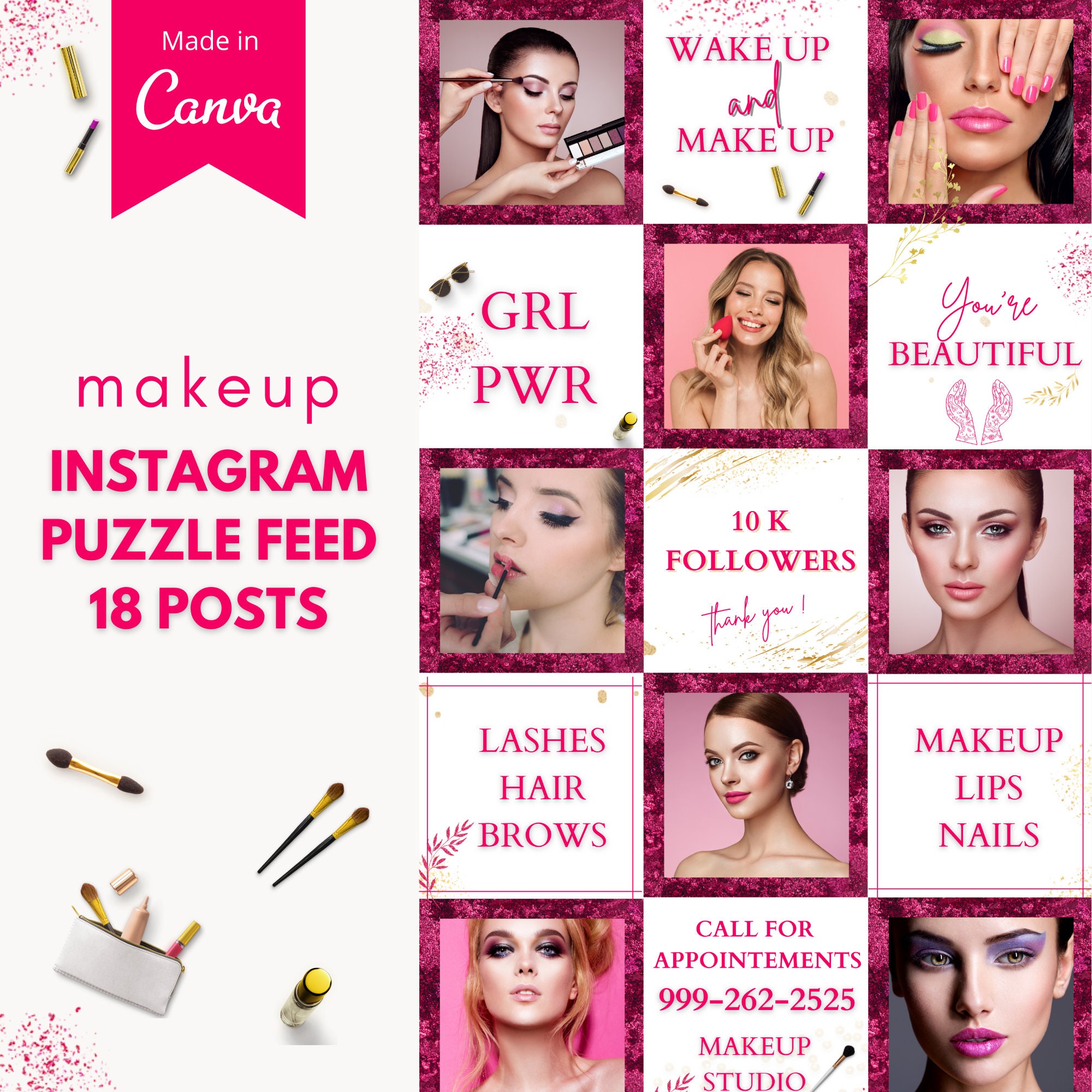 Pink Beauty Instagram Puzzle Template for Makeup Artist Glitter Frame ...