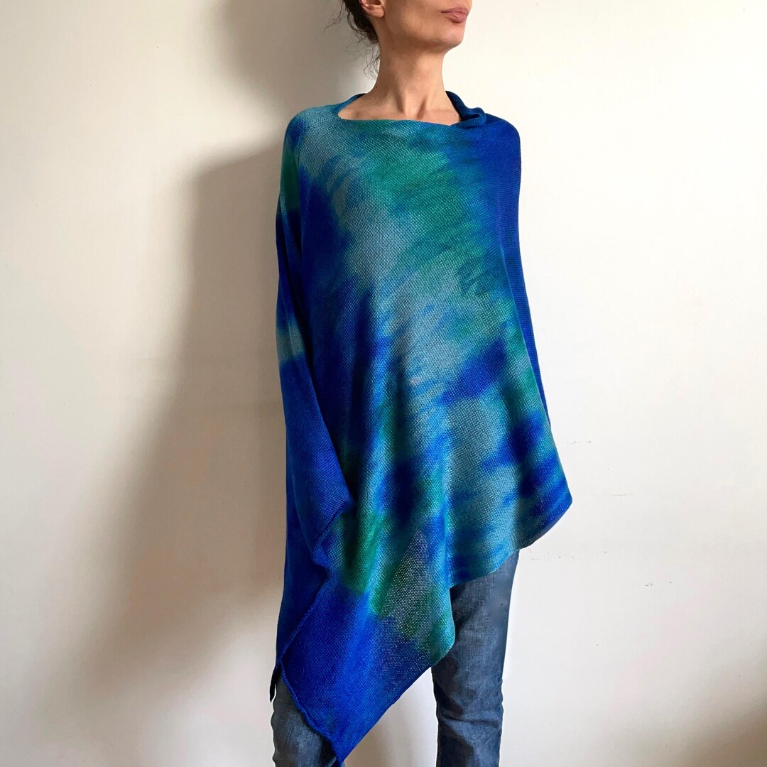 Soft Elegant Merino Wool Poncho Blue Green Wool Wrap Unique Ombre Hand ...