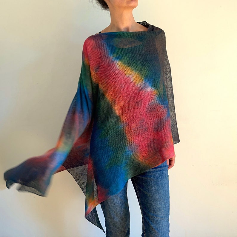 Colorful LINEN PONCHO Ombre Hand Dyed Shawl Women's Sweater Flax Cape ...