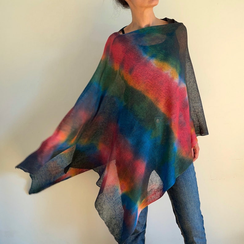 Colorful LINEN PONCHO Ombre Hand Dyed Shawl Women's Sweater Flax Cape ...