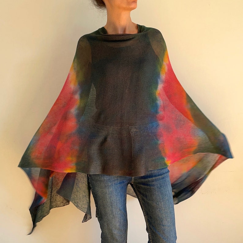 Colorful LINEN PONCHO Ombre Hand Dyed Shawl Women's Sweater Flax Cape ...