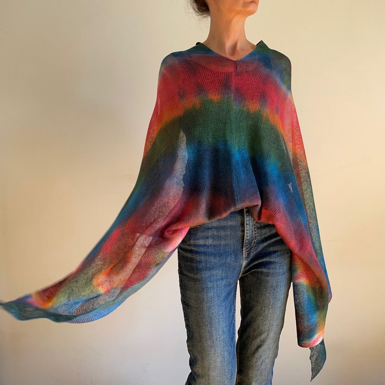 Colorful LINEN PONCHO Ombre Hand Dyed Shawl Women's Sweater Flax Cape ...