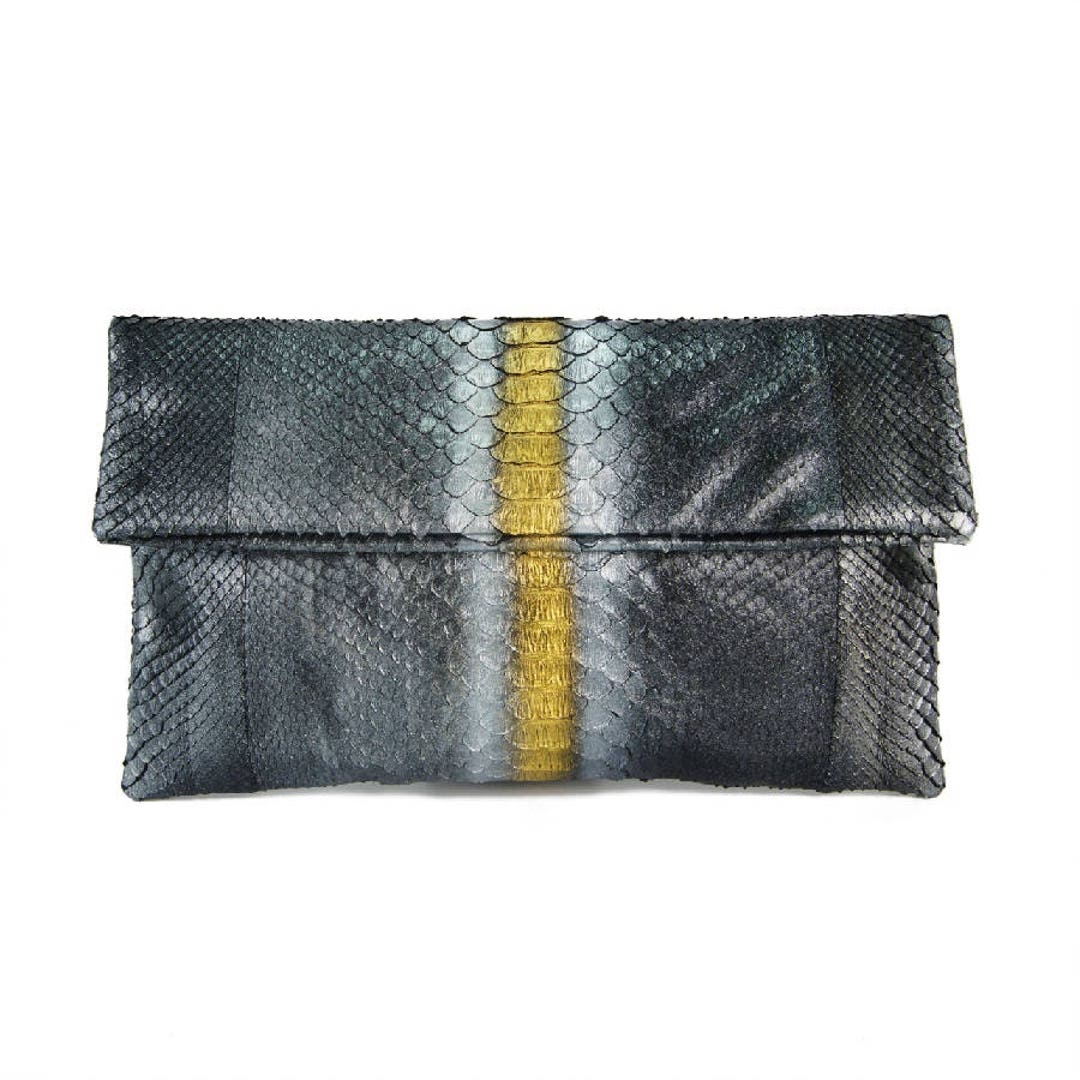 Metallic Black Snakeskin Clutch Foldover Clutch Bag Envelope Clutch ...