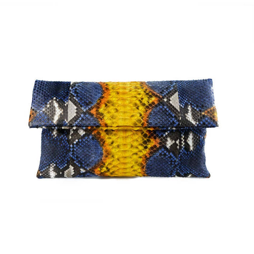 Blue Yellow Snakeskin Clutch | Foldover Clutch Bag | Envelope Clutch ...