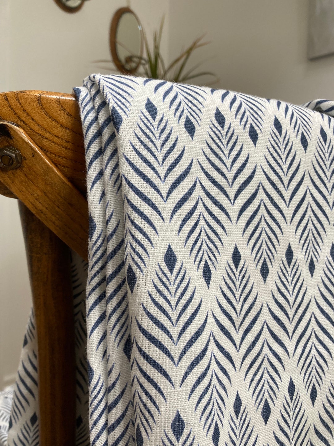 Feather - Dark Blue White - Linen Curtain Fabric - English Fabric ...
