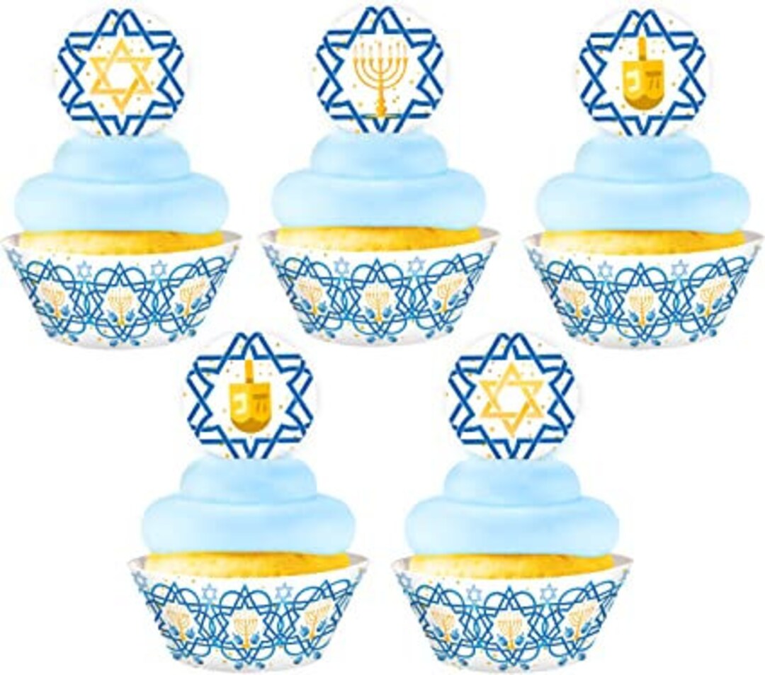 Hanukkah Cupcake Kit - 24 Hanukkah Cupcake Toppers and 24 Cupcake ...