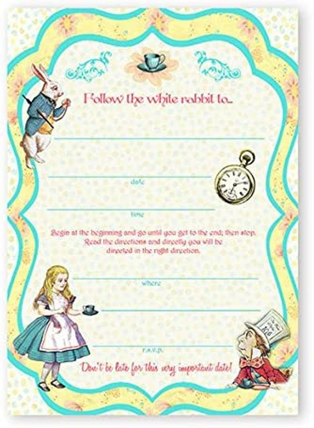 Alice in Wonderland Large Invitations - 20 Invitations + 20 Envelopes ...