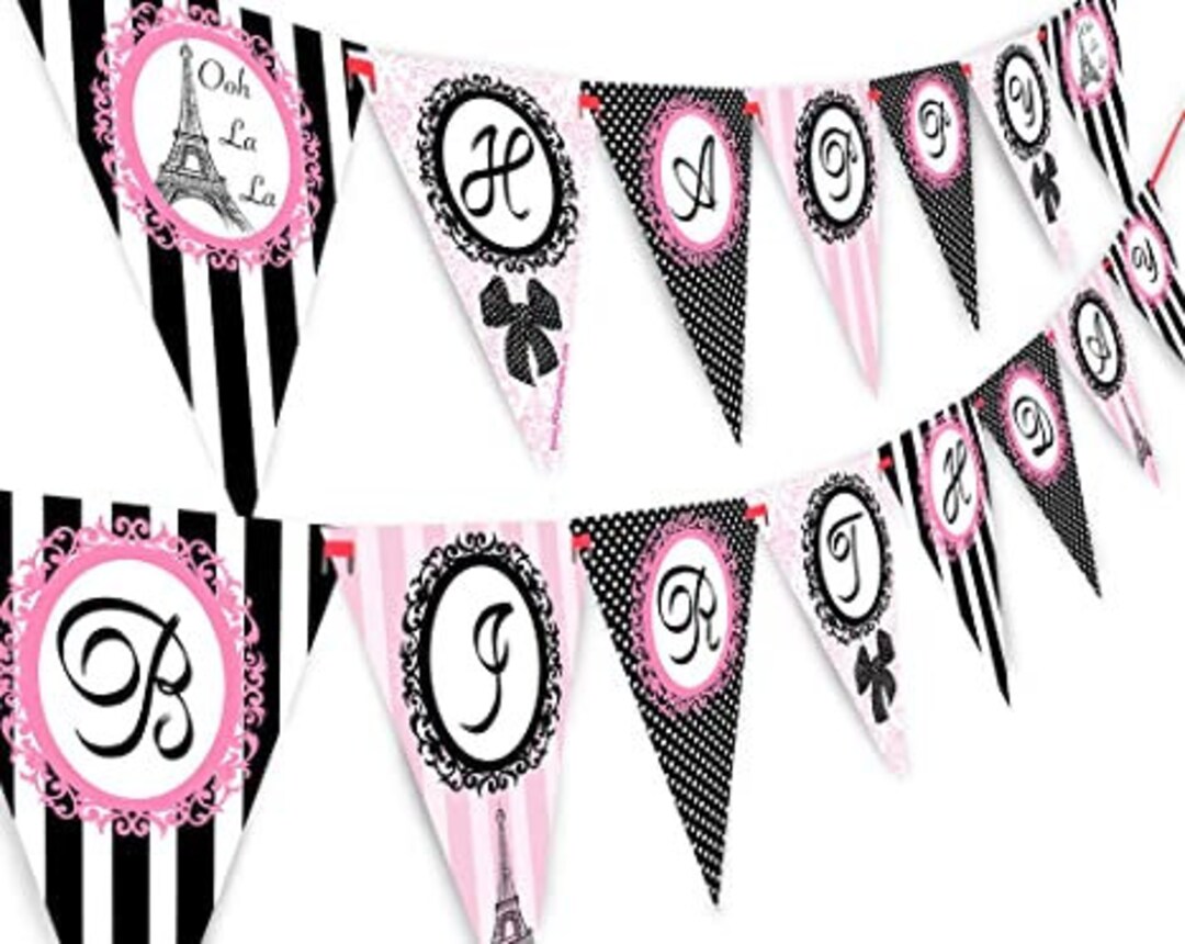 Paris Happy Birthday Banner Pennant - Paris Party Decorations - Glamour ...