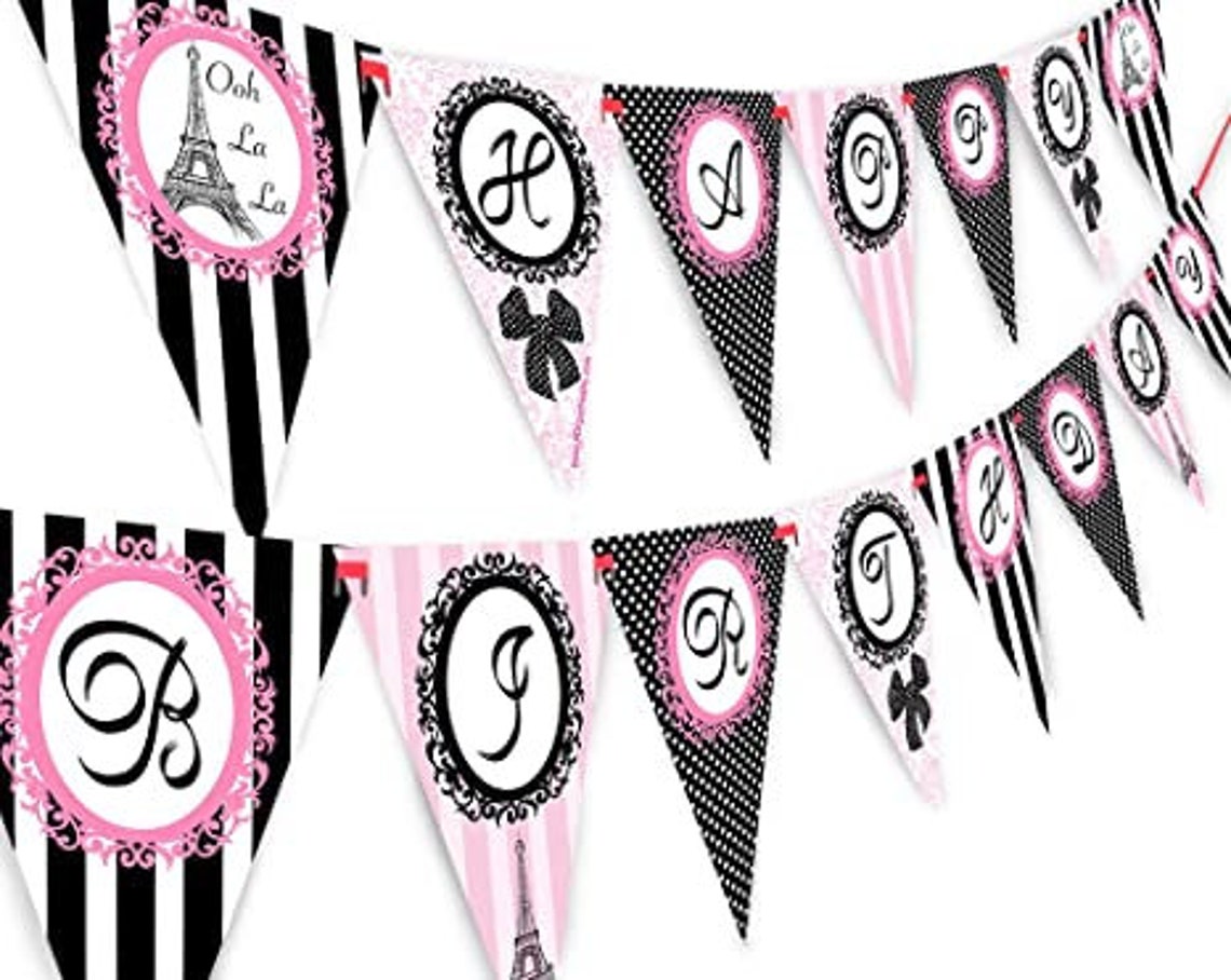 Paris Happy Birthday Banner Pennant - Paris Party Decorations - Glamour ...