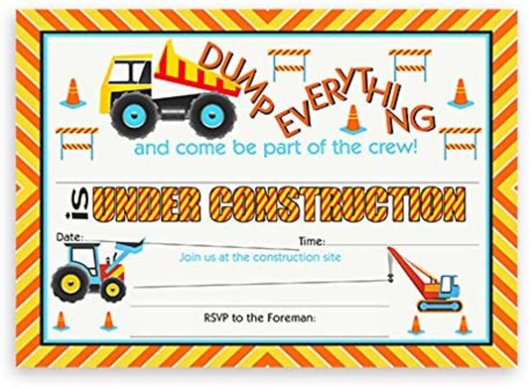 Construction Party Large Invitations - 20 Invitations + 20 Envelopes - Etsy