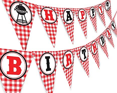 Picnic Happy Birthday Banner - BBQ Birthday Party Pennant - Red Gingham ...