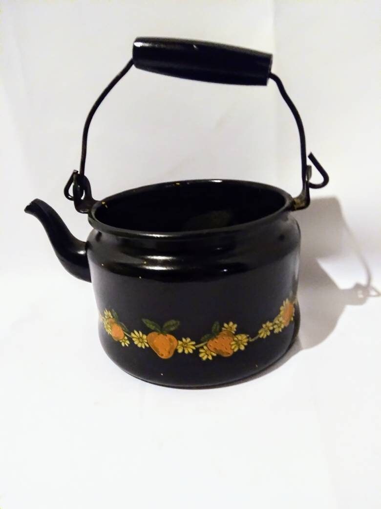 Vintage Black and Strawberry Floral Pattern Tea Kettle - Etsy