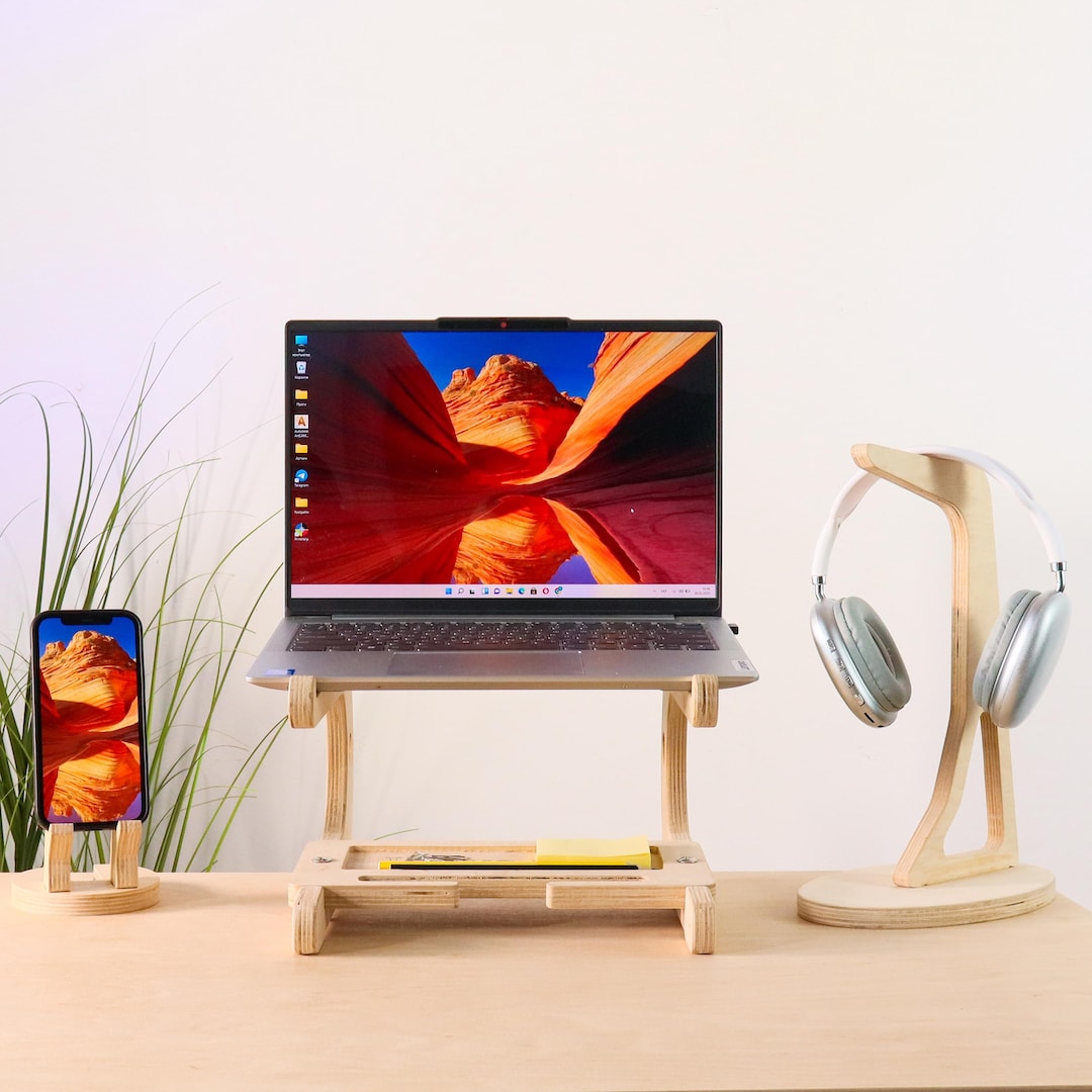 Desk Organizer Storage Organization Laptop Stand Wood Desktop Phone ...