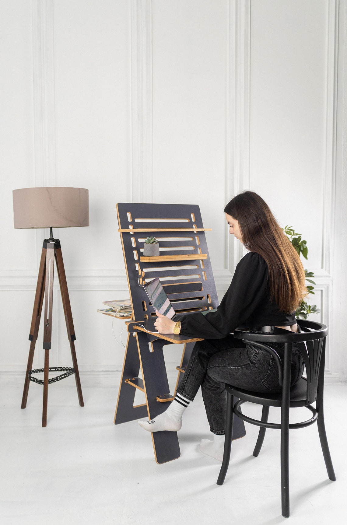 Computer Desk Black Wooden Standing Desk Artist Drawing Desk With Shelf ...