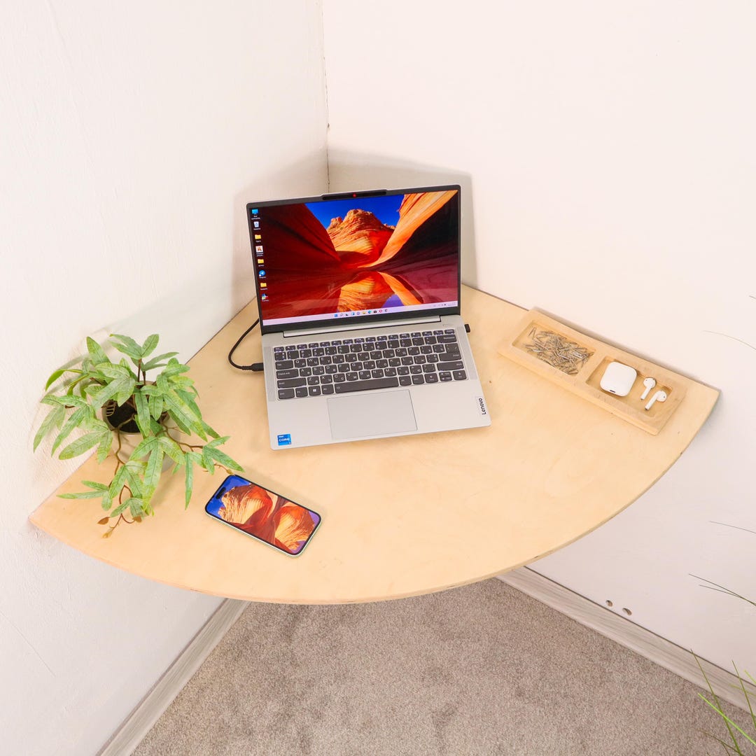 Plywood Corner Desk: Wall Mounted Floating Table With Laptop Stand - Etsy